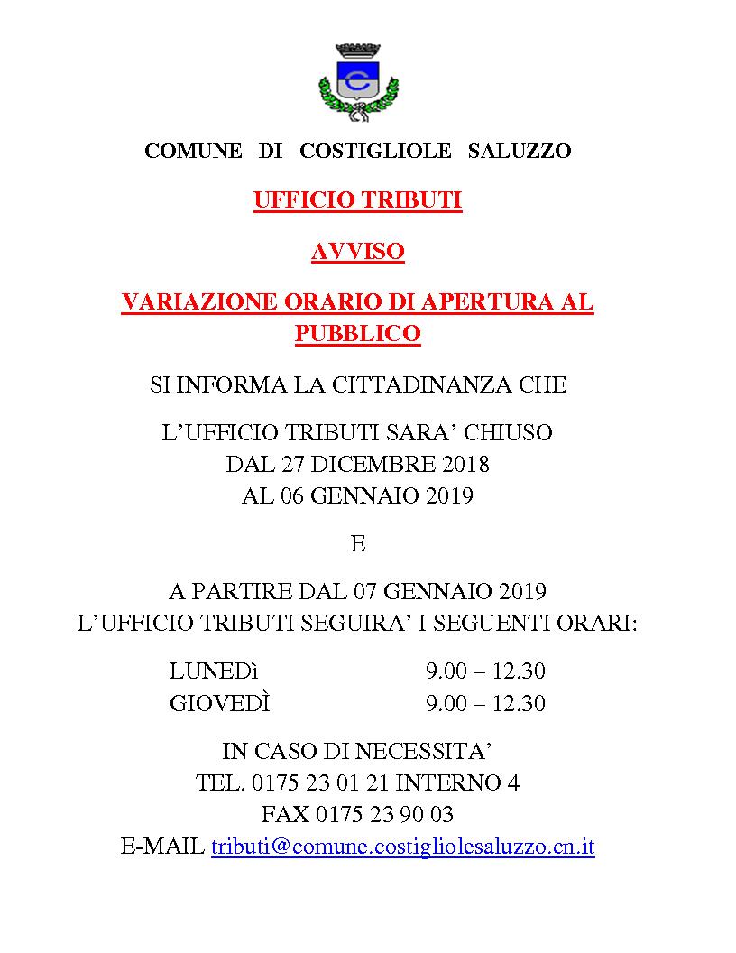 VARIAZIONE ORARIO UFFICIO TRIBUTI